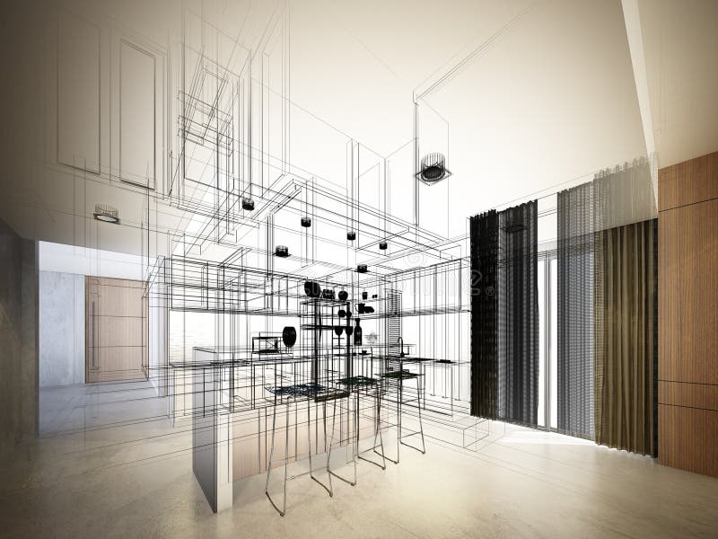 Abstract Sketch Design of Interior Dining and Kitchen Room ,3d Stock ...
