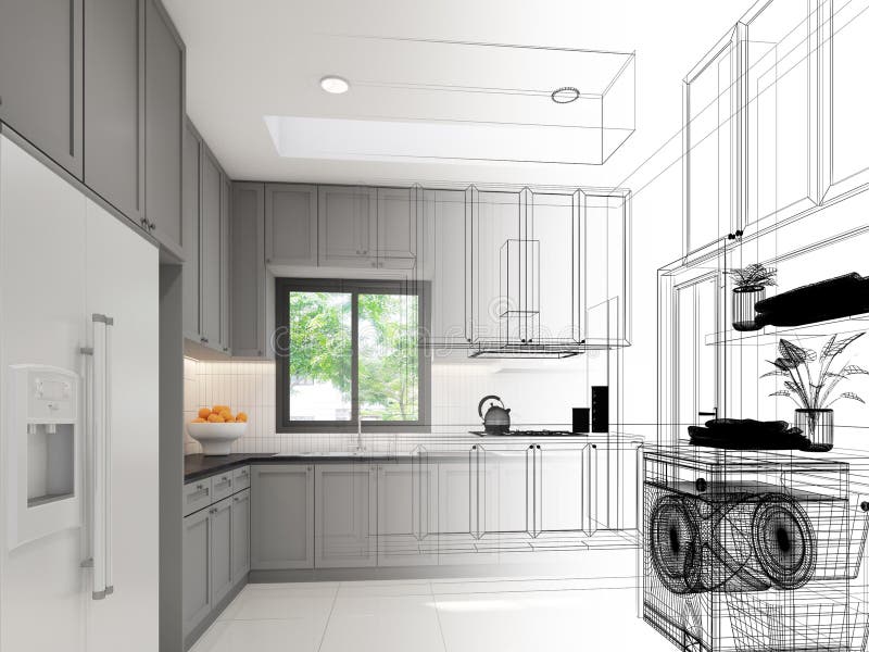 Abstract Sketch Design of Kitchen Room ,3d Stock Illustration ...