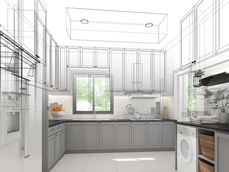 Abstract Sketch Design of Kitchen Room ,3d Stock Illustration ...