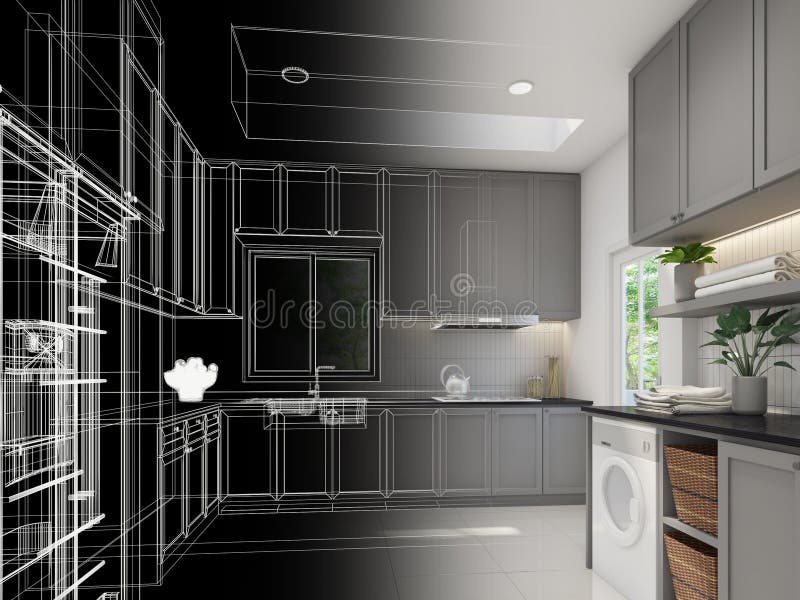 Abstract Sketch Design of Kitchen Room ,3d Stock Illustration ...