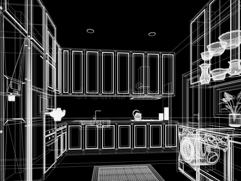 Abstract Sketch Design of Kitchen Room ,3d Stock Image - Illustration ...