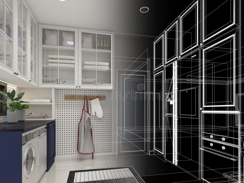 Abstract Sketch Design of Kitchen Room ,3d Stock Illustration ...