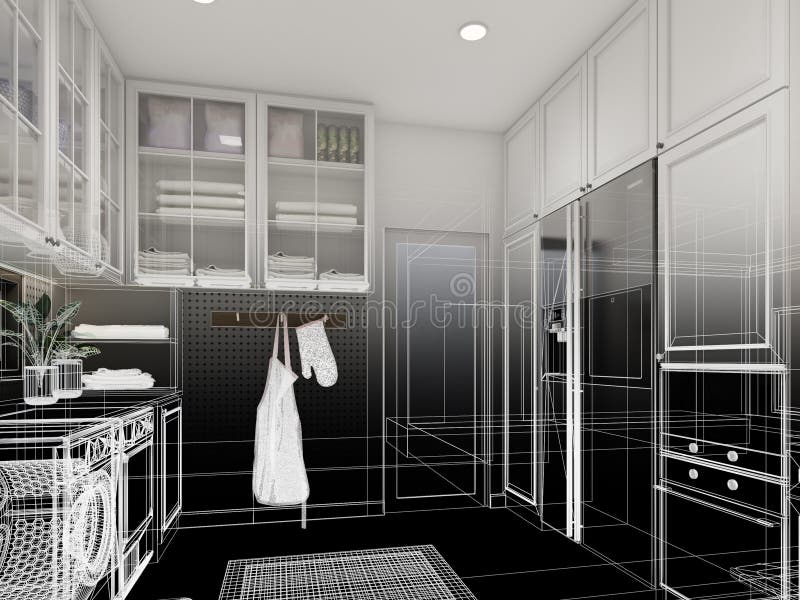 Abstract Sketch Design of Kitchen Room ,3d Stock Illustration ...