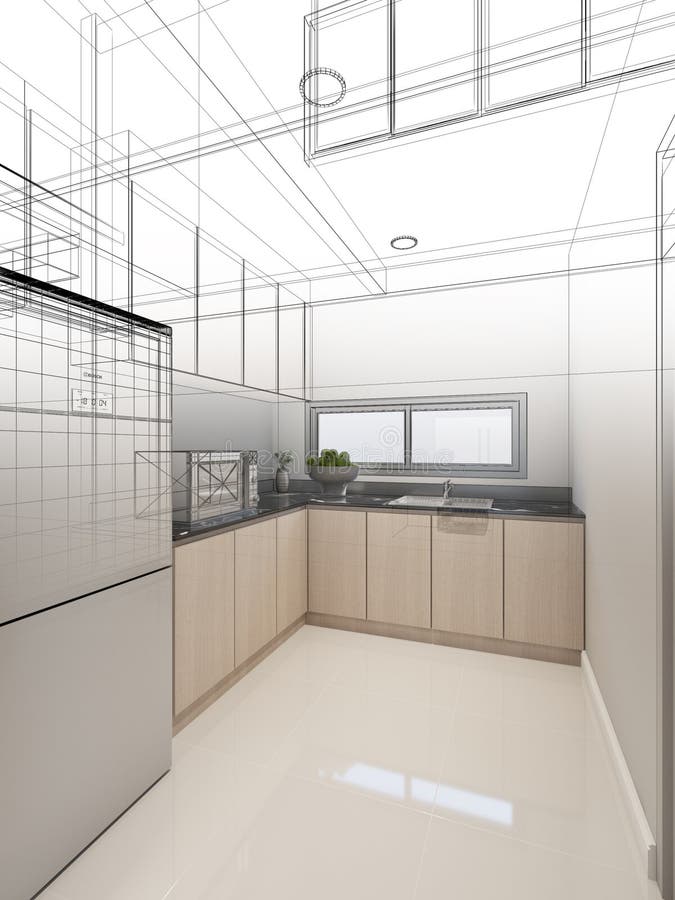 Abstract Sketch Design of Kitchen Room ,3d Stock Illustration ...