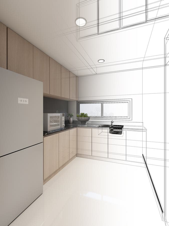 Abstract Sketch Design of Kitchen Room ,3d Stock Illustration ...