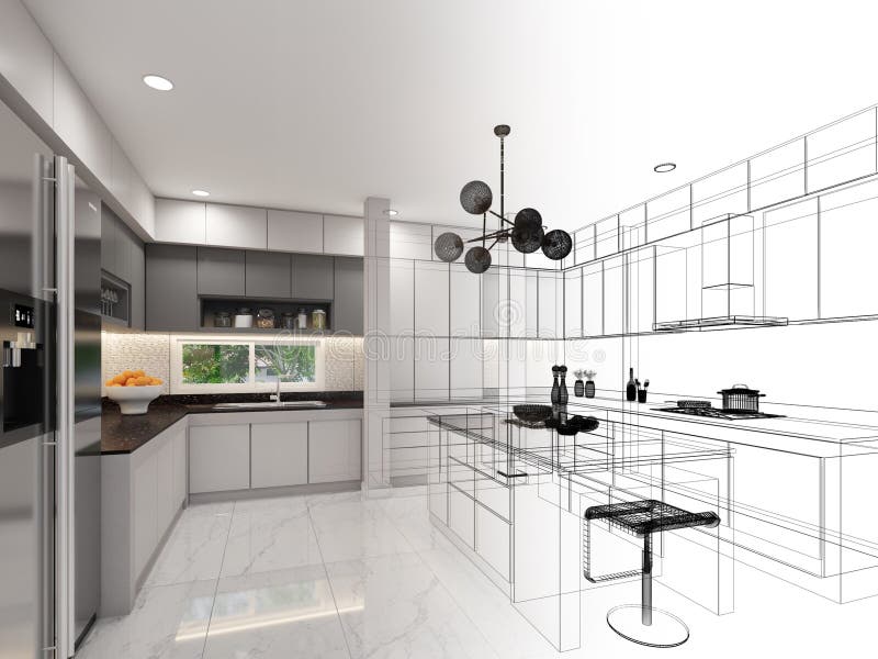 Abstract Sketch Design of Kitchen Room ,3d Stock Illustration ...