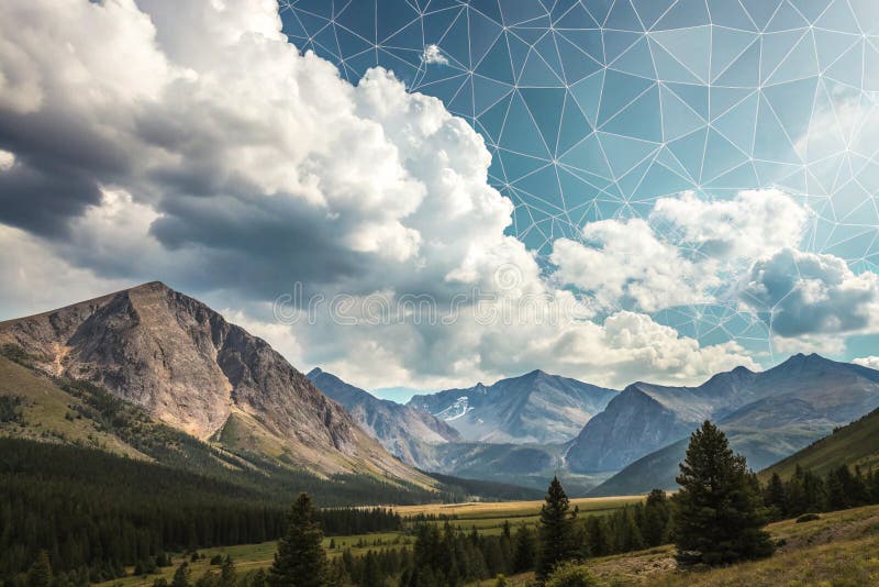 Abstract Geometric Sky with Clouds and Polygons Stock Illustration ...