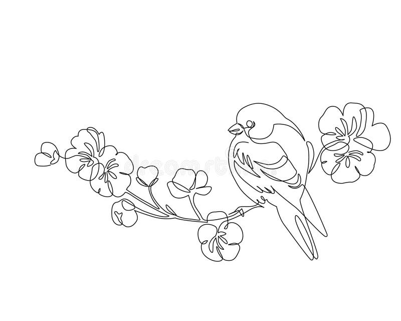 Abstract Small Bird Perched on Blooming Tree Branch Stock Vector ...