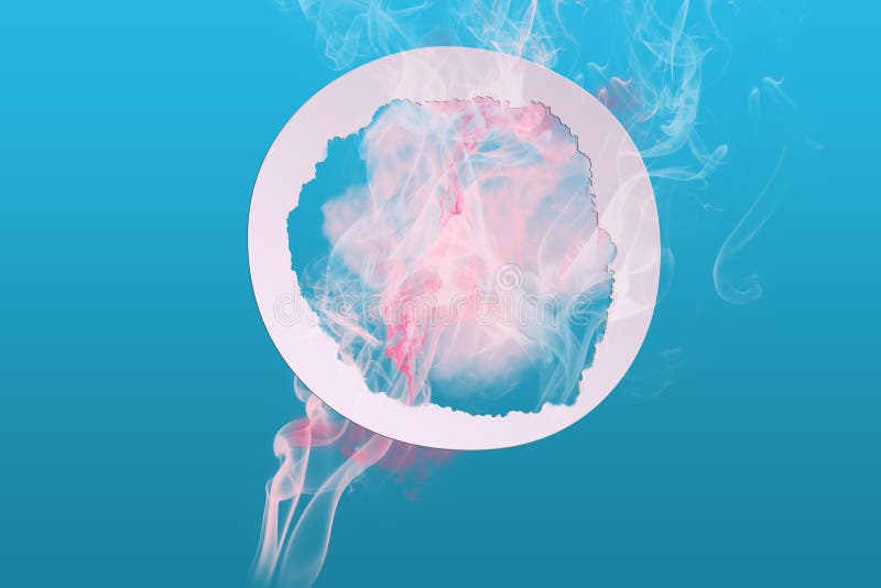Abstract Soft Pink Color Paint Smoke Explosion with Round Frame on Blue ...