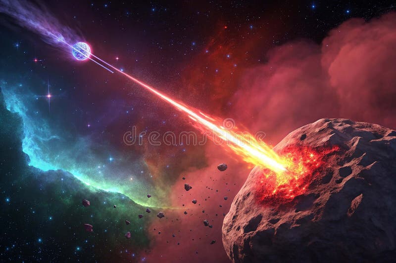 Abstract Space Background with Burning Comet, Laser Flash, and Red Neon ...
