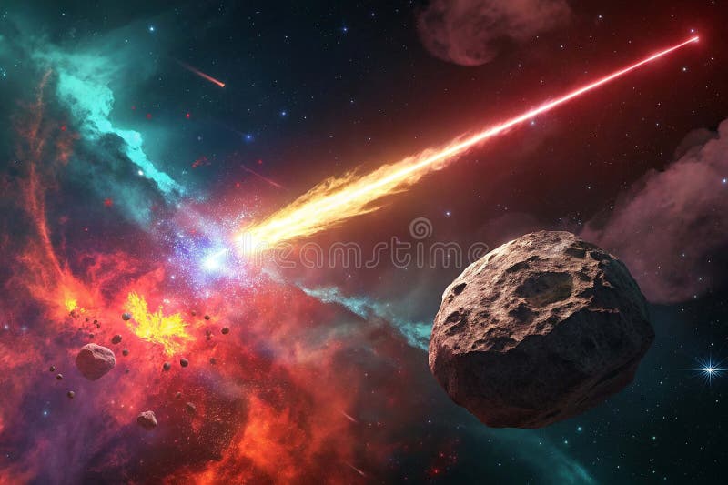 Abstract Space Background with Burning Comet, Laser Flash, and Red Neon ...