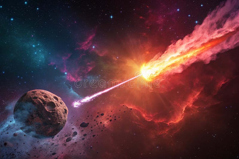 Abstract Space Background with Burning Comet, Laser Flash, and Red Neon ...