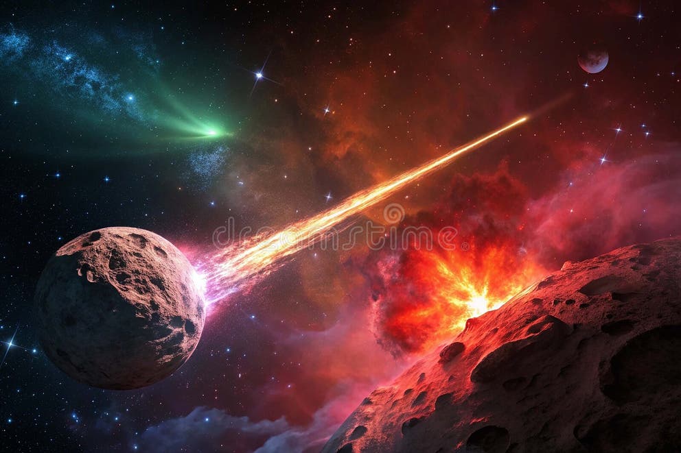 Abstract Space Background with Burning Comet, Laser Flash, and Red Neon ...