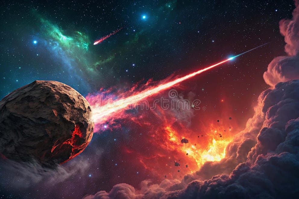 Abstract Space Background with Burning Comet, Laser Flash, and Red Neon ...