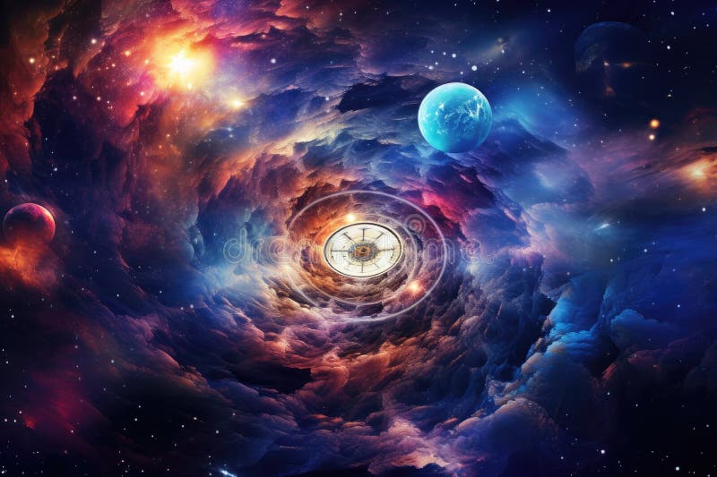 Abstract Space Background with Compass and Planets in Deep Space ...