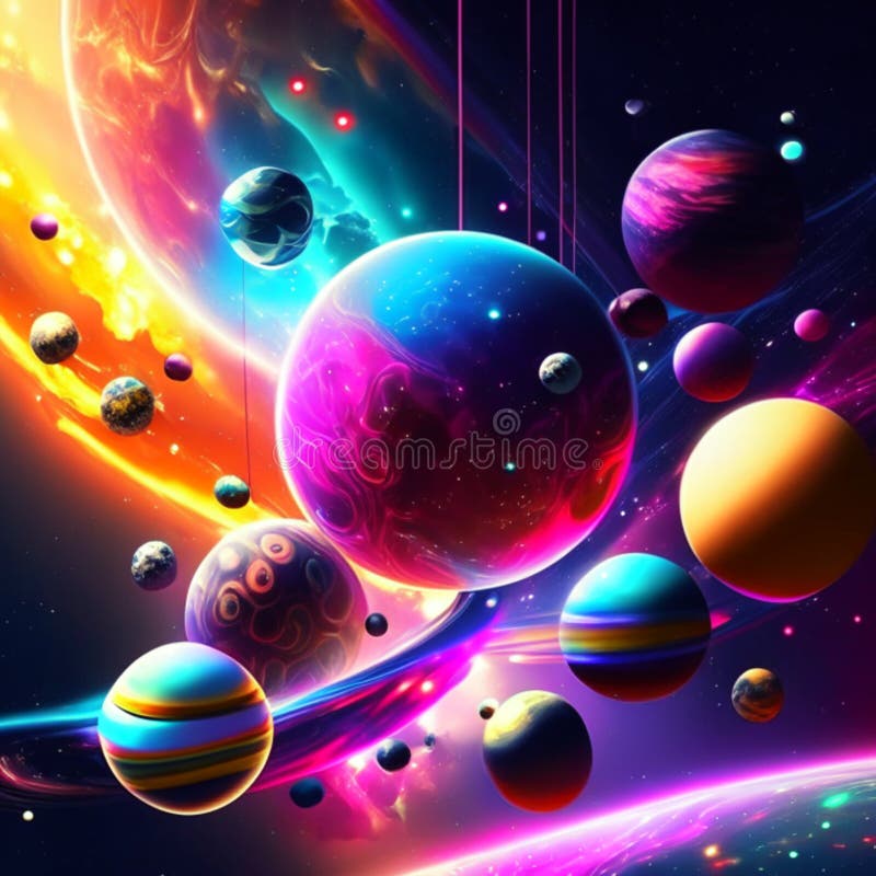 Abstract Space Background with Planets, Stars and Nebula in Rainbow ...