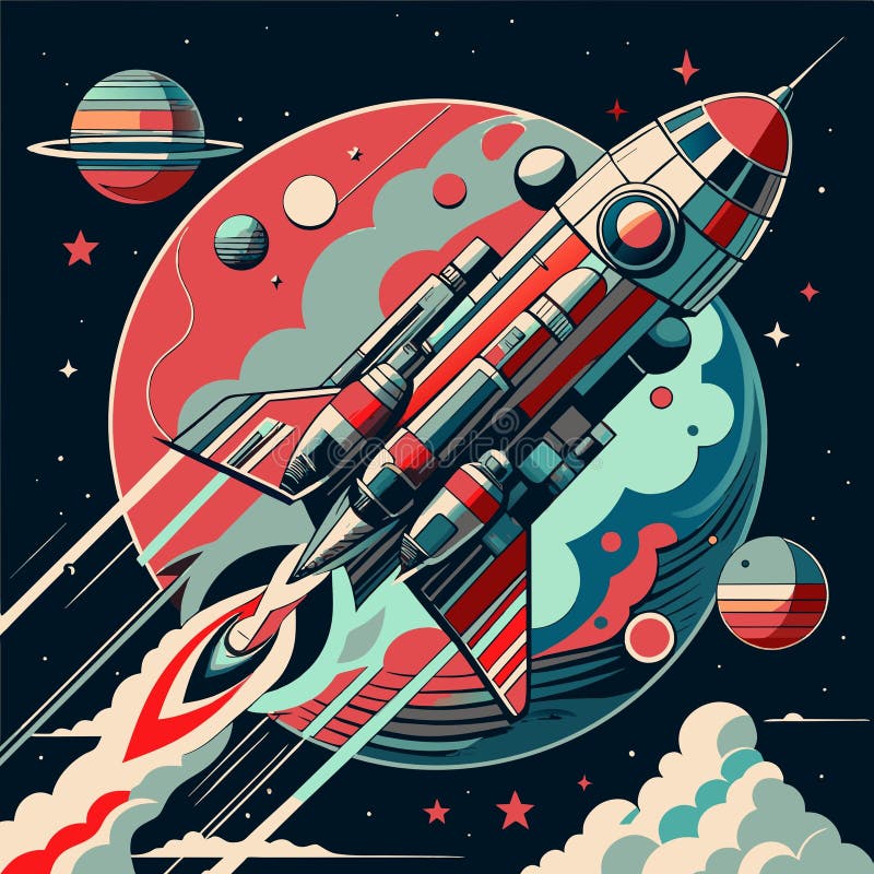 Abstract Space Drawing with a Rocket Flying Past the Planets Stock ...