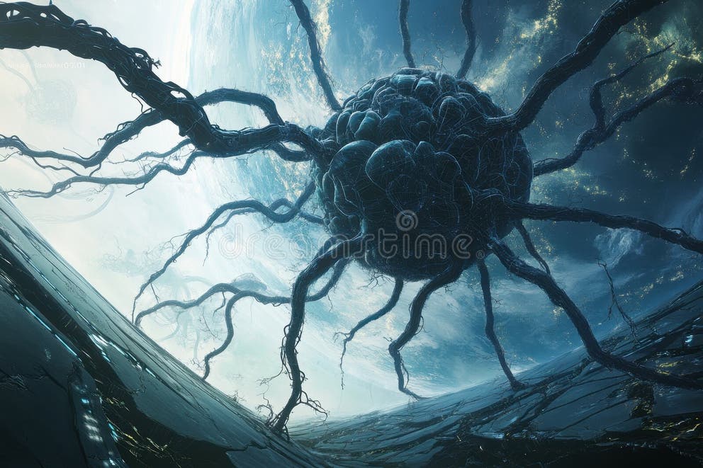 Abstract Space Entity with Tentacles on Alien Planetary Landscape ...