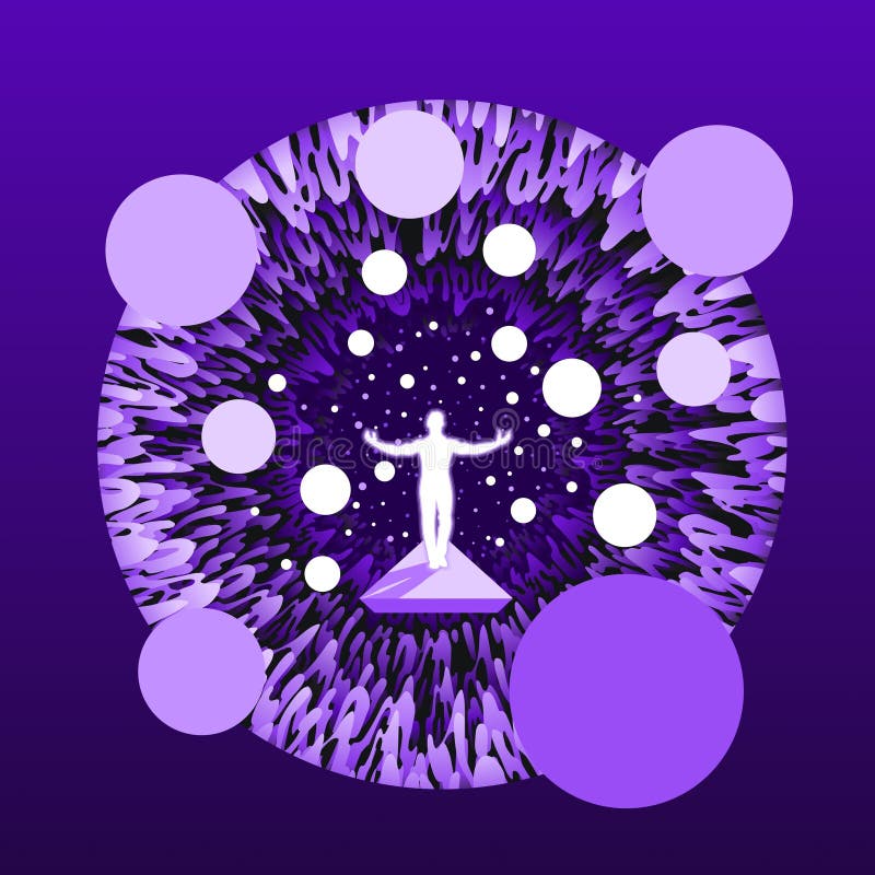 Abstract Space Figure on a Platform Slowly Flying Surrounded by Shining ...