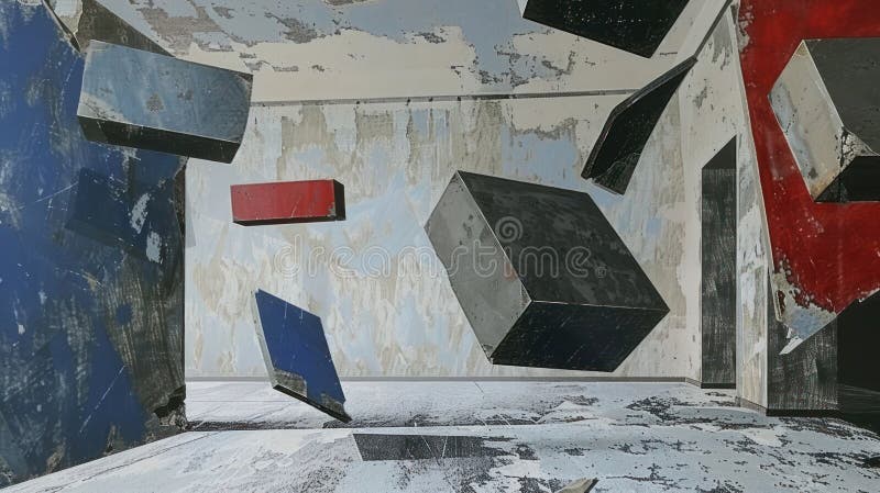 An Abstract Space with Floating Geometric Shapes in a Textured ...