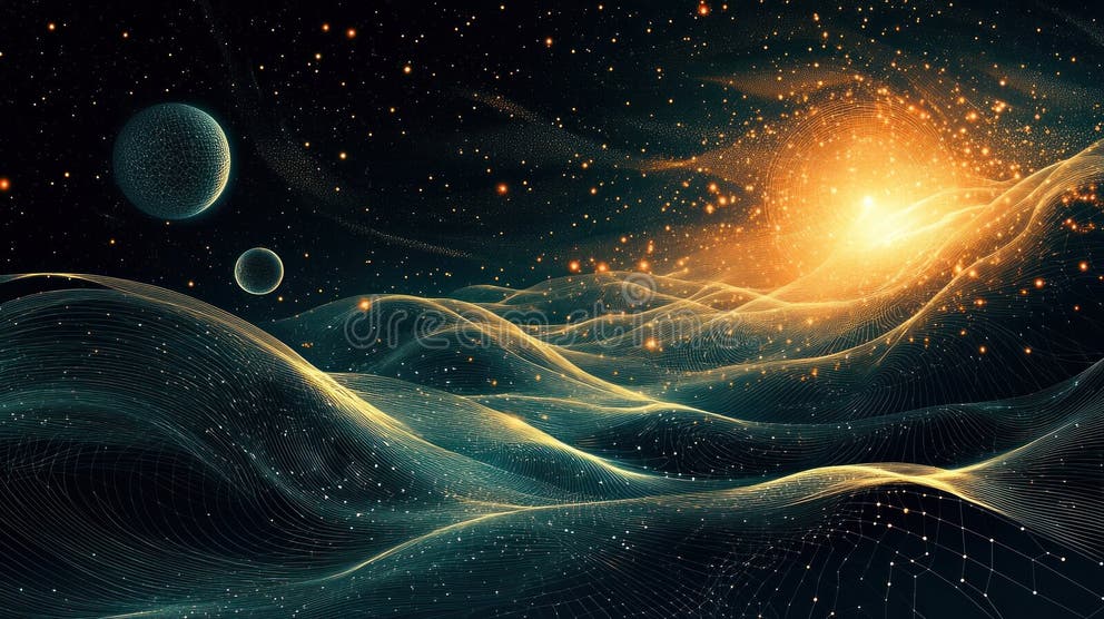 Abstract Space Landscape with Planets and Glowing Nebula Stock ...