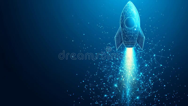 Abstract Space Rocket Launch on Blue Technology Background with ...