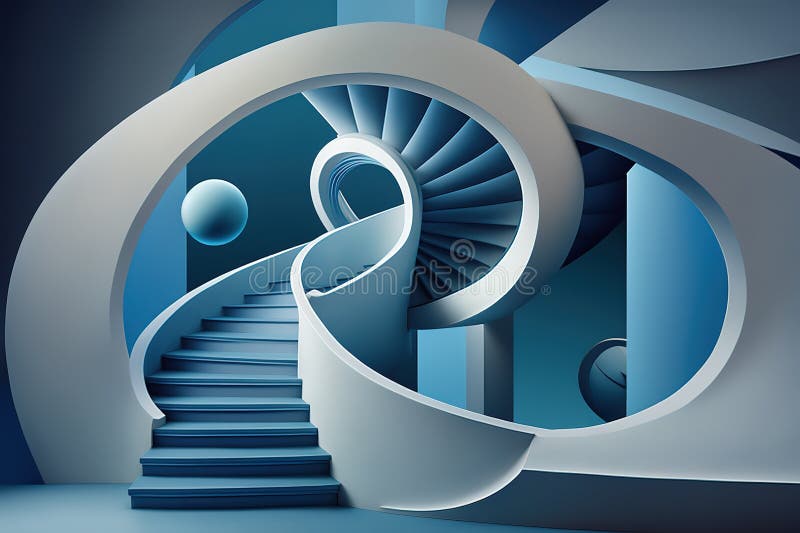 Abstract Space with Stairs and Curved Shapes in Blue Stock Illustration ...