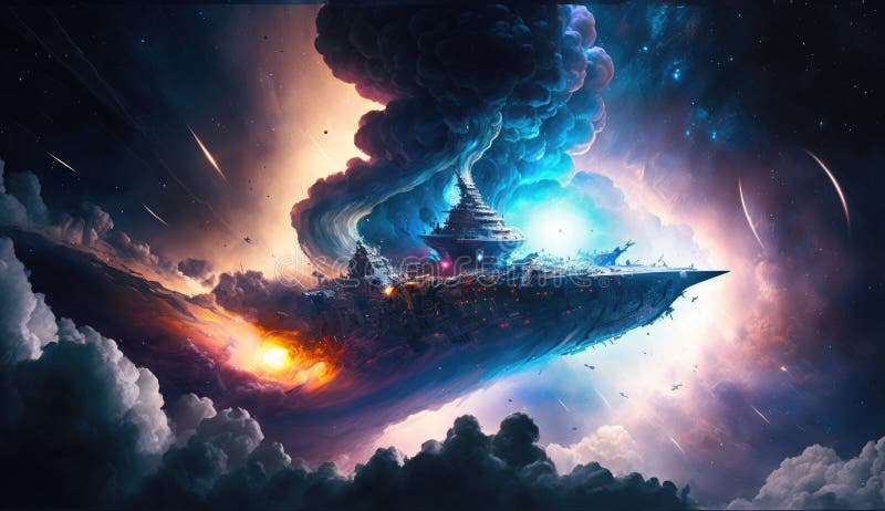 Abstract Spaceship Crashing through a Solar Storm. Dramatic Explosions ...