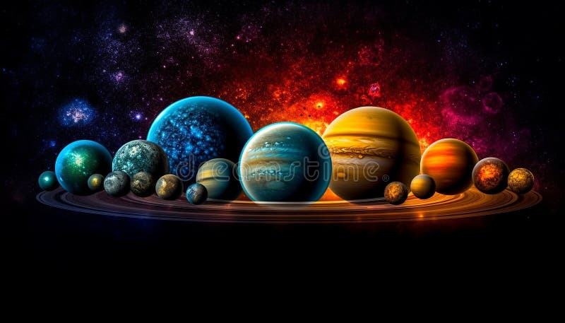 Abstract Spaceship Orbits Glowing Planet in Multi Colored Star Field ...