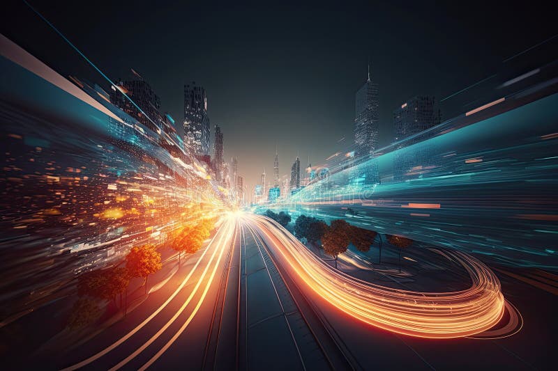 Abstract Speed Light Flow through the City with Gradient. Illustration ...