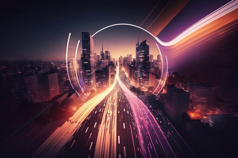 Abstract Speed Light Flow through the City with Gradient. Illustration ...