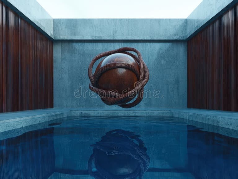 Abstract Sphere Art Installation Above Tranquil Pool Water. Stock ...