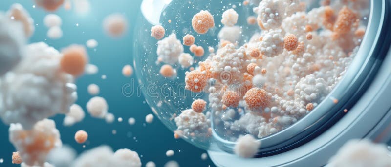 Abstract Sphere Filled with White and Orange Particles. Microscopic ...
