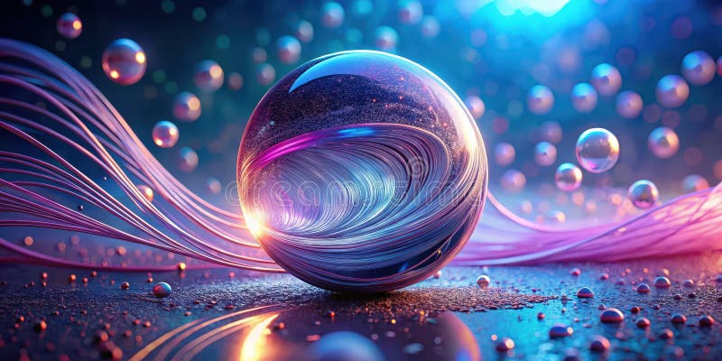 Abstract Sphere with Glowing Swirls and Scattered Spheres on a ...