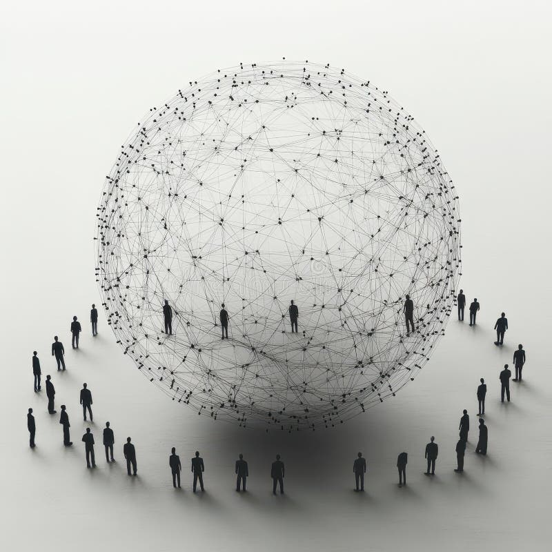 Abstract Sphere with Network and People Silhouettes Stock Photo - Image ...