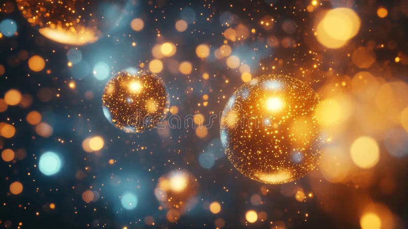 Abstract Spheres Floating with Gold Glitter Particles on a Dark ...