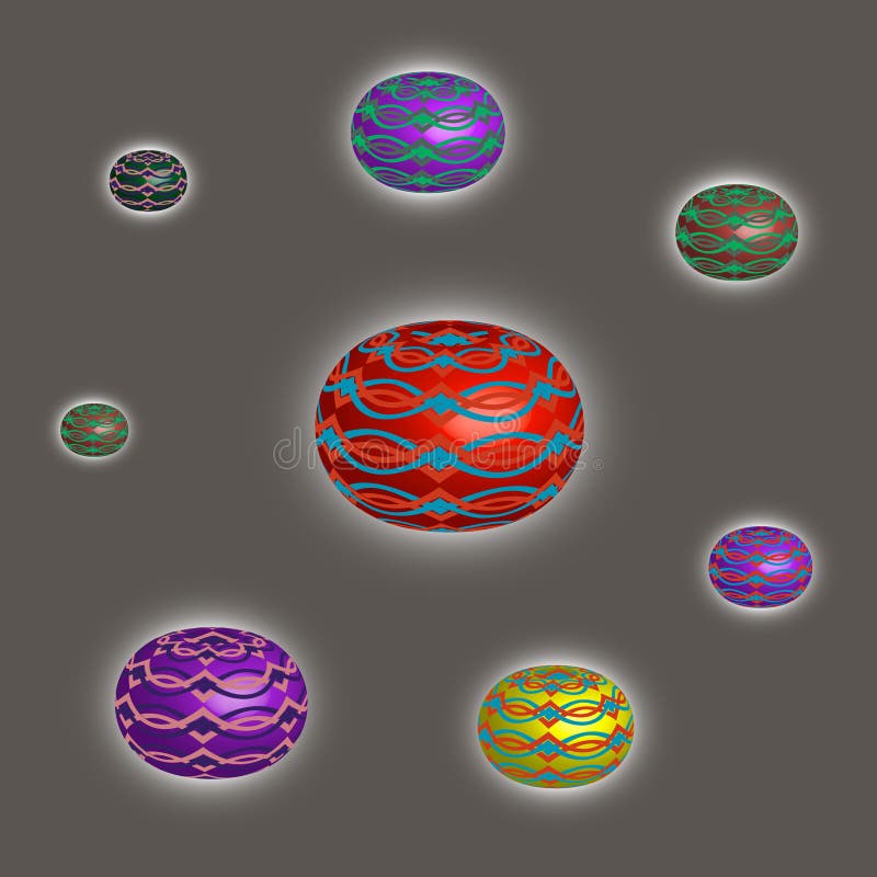 Abstract Spheres are Oblate. Decorated in Bright Geometric Patterns. 3d ...