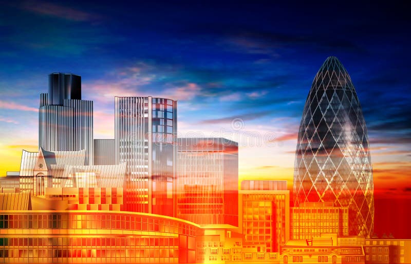 Abstract Spring Background with Blue Sunset and Panorama of London ...