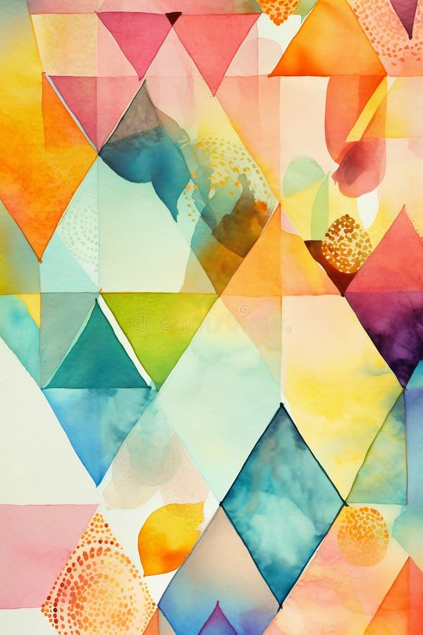 Abstract Spring Pastel Watercolor with Geometric Shapes and Floral ...