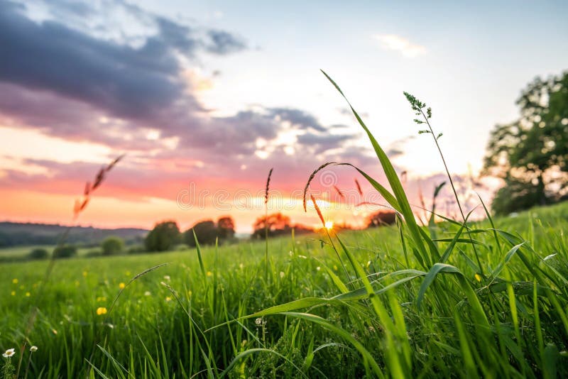 Spring Summer Nature Background with Grass and Sunset Sky Stock Illustration - Illustration of ...