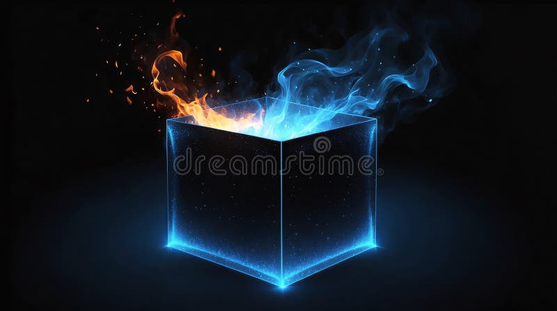 Abstract Square Box of Blue Glowing Light Particles with Fire Flame on ...