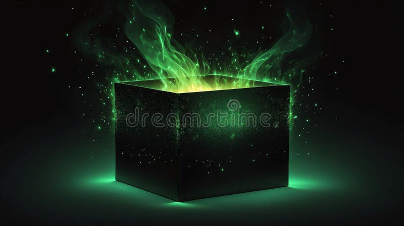 Abstract Square Box of Green Glowing Light Particles with Fire Flame on ...