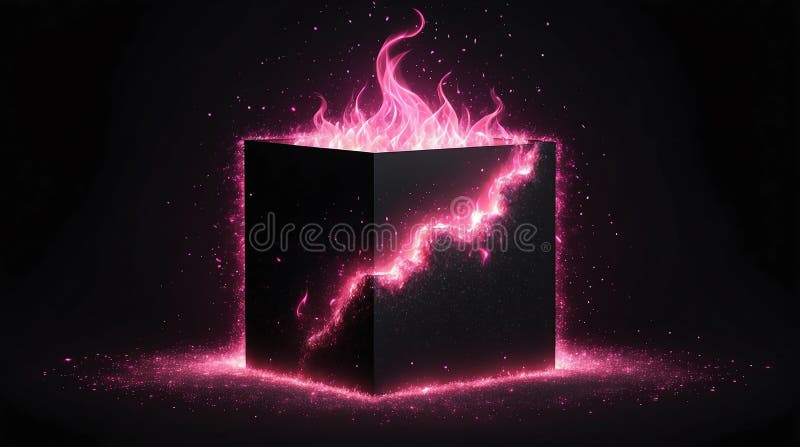Abstract Square Box of Pink Glowing Light Particles with Fire Flame on ...