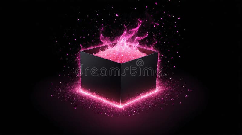 Abstract Square Box of Pink Glowing Light Particles with Fire Flame on ...