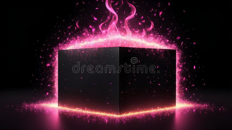Abstract Square Box of Pink Glowing Light Particles with Fire Flame on ...