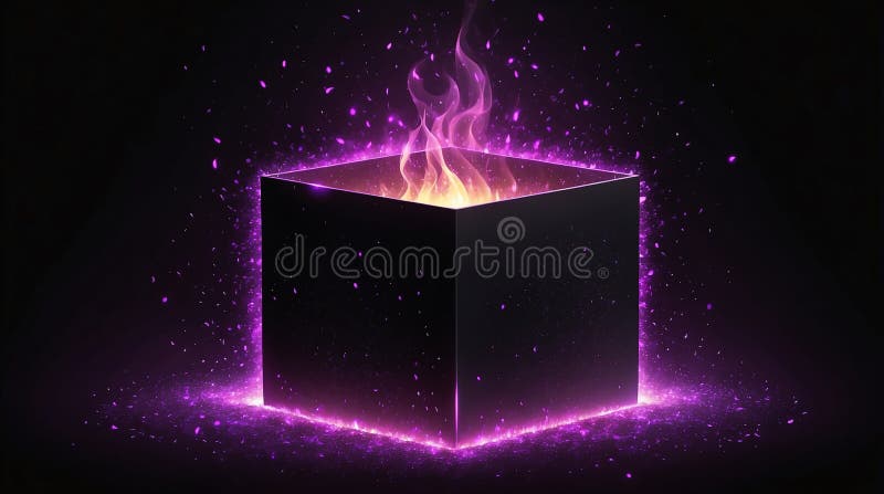 Abstract Square Box of Purple Glowing Light Particles with Fire Flame ...