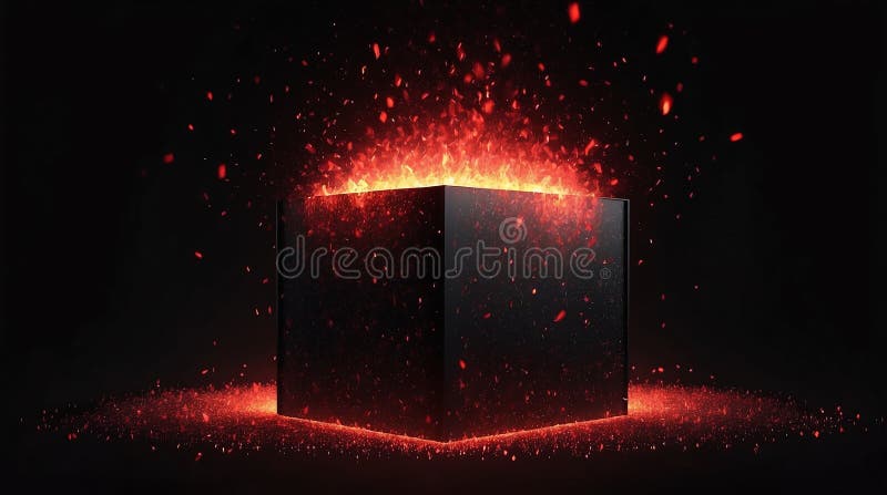 Abstract Square Box of Red Glowing Light Particles with Fire Flame on ...