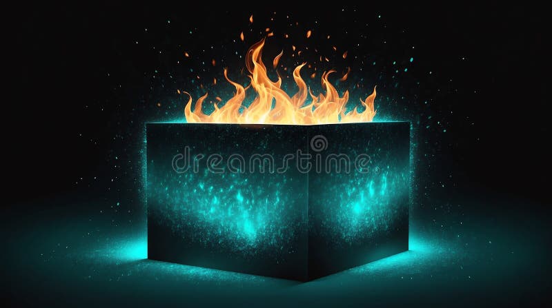 Abstract Square Box of Teal Glowing Light Particles with Fire Flame on ...