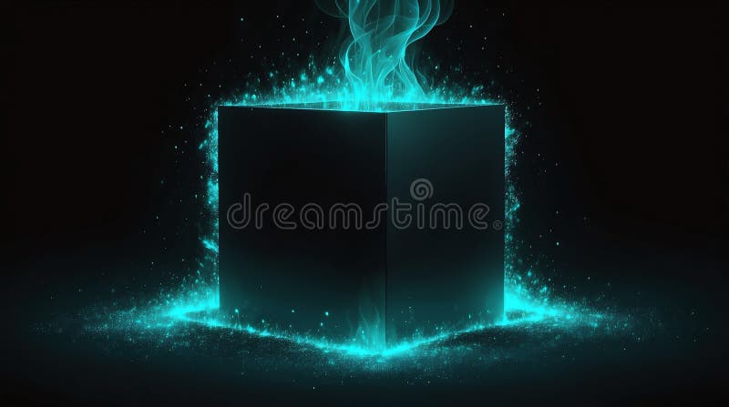 Abstract Square Box of Teal Glowing Light Particles with Fire Flame on ...