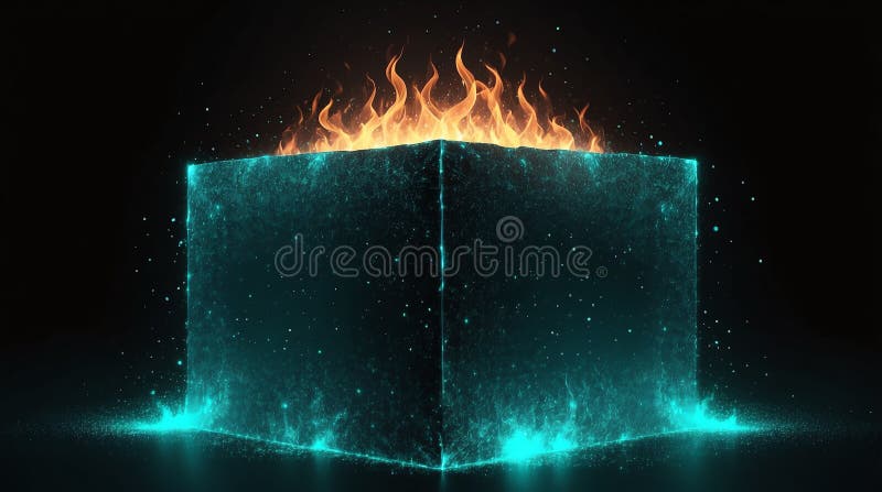 Abstract Square Box of Teal Glowing Light Particles with Fire Flame on ...